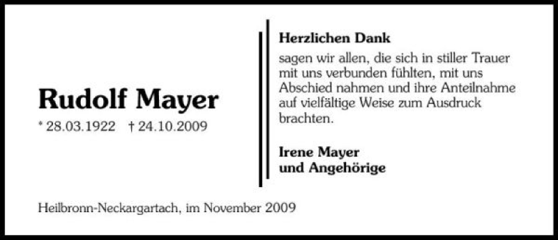 Traueranzeigen von Rudolf Mayer | www.trauerundgedenken.de