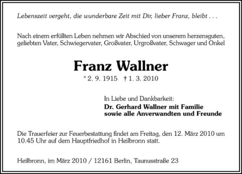 Traueranzeigen von Franz Wallner | www.trauerundgedenken.de