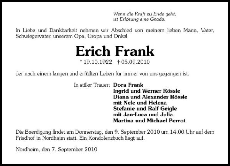 Traueranzeigen von Erich Frank | www.trauerundgedenken.de