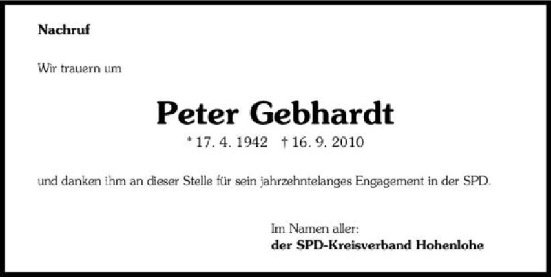 Traueranzeigen von Peter Gebhardt | www.trauerundgedenken.de