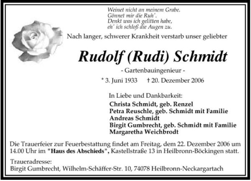 Traueranzeigen von Rudolf Schmidt | www.trauerundgedenken.de