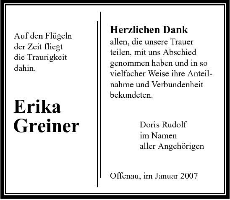 Traueranzeigen von Erika Greiner | www.trauerundgedenken.de