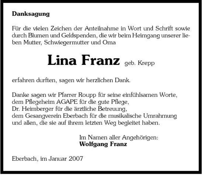 Traueranzeigen von Lina Franz | www.trauerundgedenken.de
