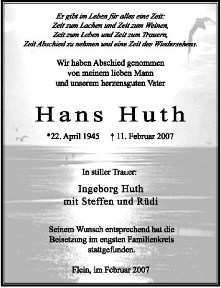 Traueranzeigen von Hans Huth | www.trauerundgedenken.de