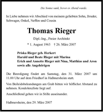 Traueranzeigen von Rieger. Thomas | www.trauerundgedenken.de