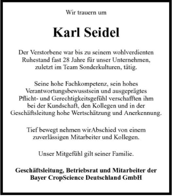 Traueranzeigen von Karl Seidel | www.trauerundgedenken.de