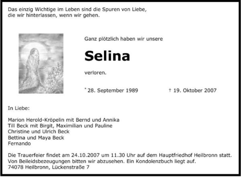 Traueranzeigen von Selina Selina | www.trauerundgedenken.de