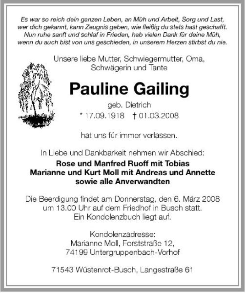 Traueranzeigen von Pauline Gailing | www.trauerundgedenken.de