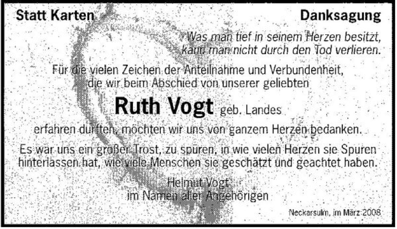Traueranzeigen von Ruth Vogt | www.trauerundgedenken.de