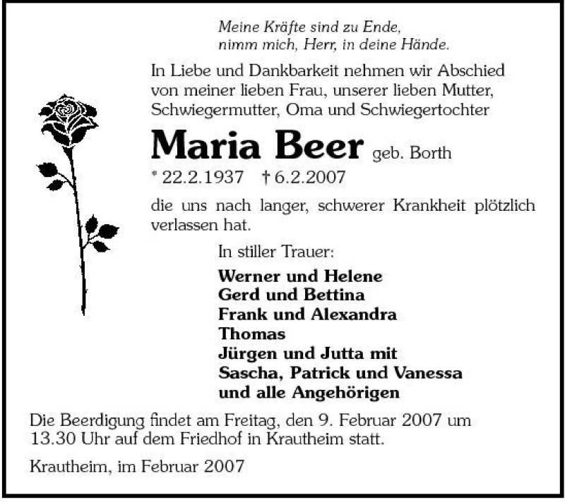 Traueranzeigen von Maria Beer | www.trauerundgedenken.de