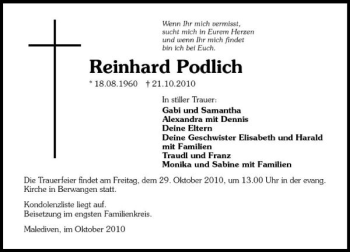 Traueranzeigen von Reinhard Podlich | www.trauerundgedenken.de