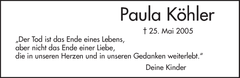 Traueranzeigen von Paula Köhler | www.trauerundgedenken.de