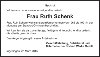 Traueranzeigen von Ruth Schenk | www.trauerundgedenken.de