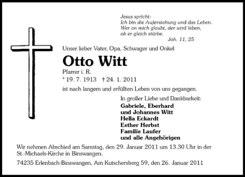 Traueranzeigen von Otto Witt | www.trauerundgedenken.de