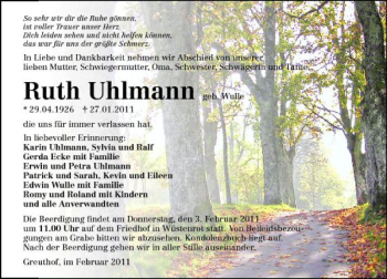 Traueranzeigen von Ruth Uhlmann | www.trauerundgedenken.de