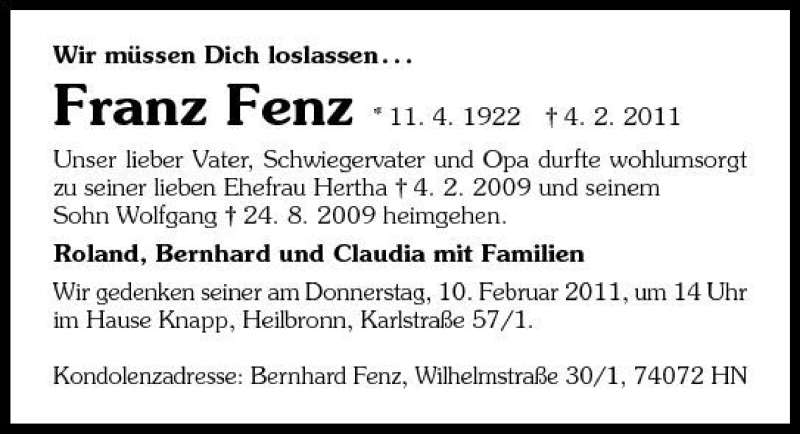 Traueranzeigen von Franz Fenz | www.trauerundgedenken.de