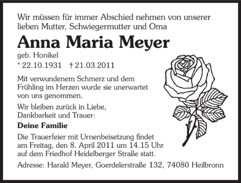 Traueranzeigen von Anna Maria Meyer | www.trauerundgedenken.de