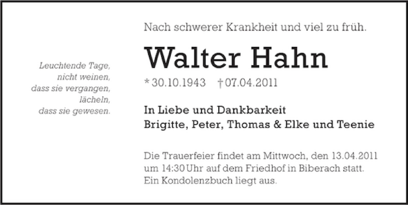 Traueranzeigen von Walter Hahn | www.trauerundgedenken.de
