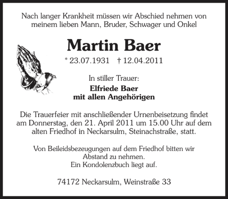 Traueranzeigen von Martin Baer | www.trauerundgedenken.de