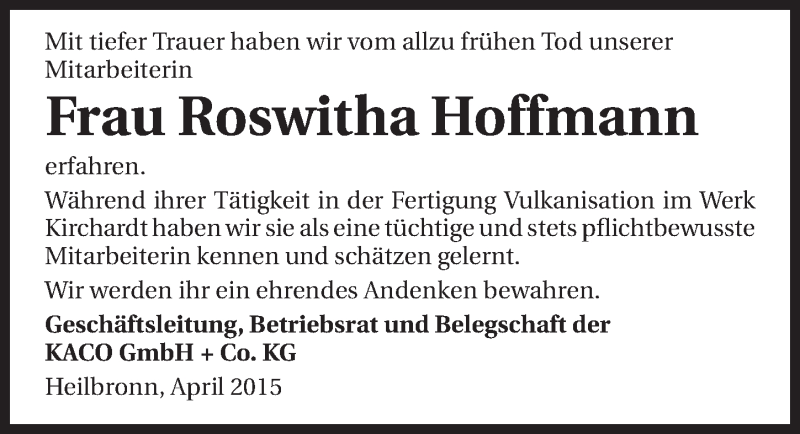 Traueranzeigen von Roswitha Hoffmann | www.trauerundgedenken.de