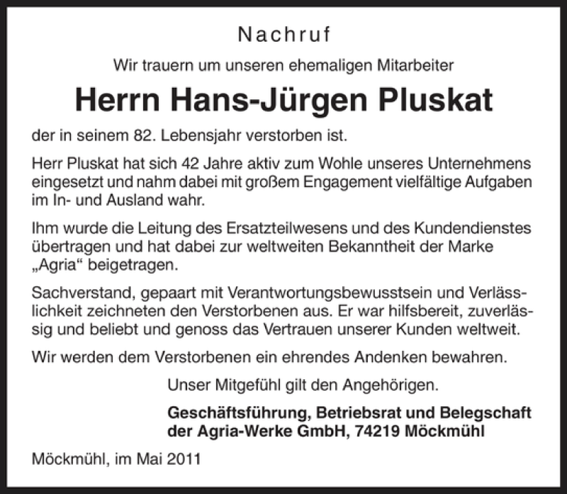 Traueranzeigen von Hans-Jürgen Pluskat | www.trauerundgedenken.de