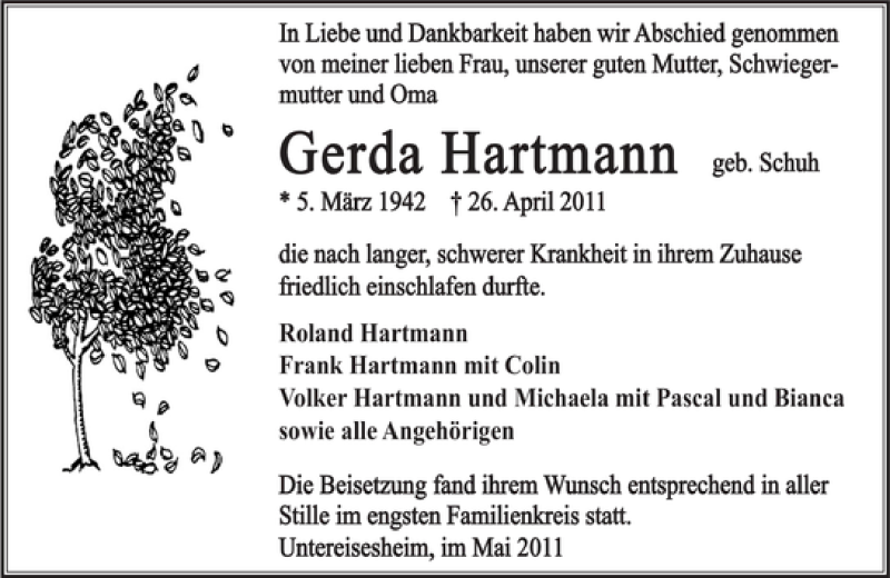 Traueranzeigen von Gerda Hartmann | www.trauerundgedenken.de
