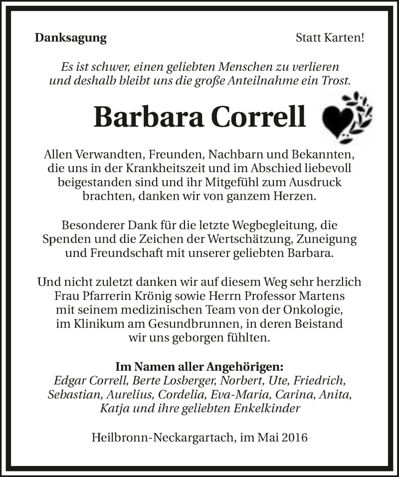 Traueranzeigen von Barbara Correll | www.trauerundgedenken.de