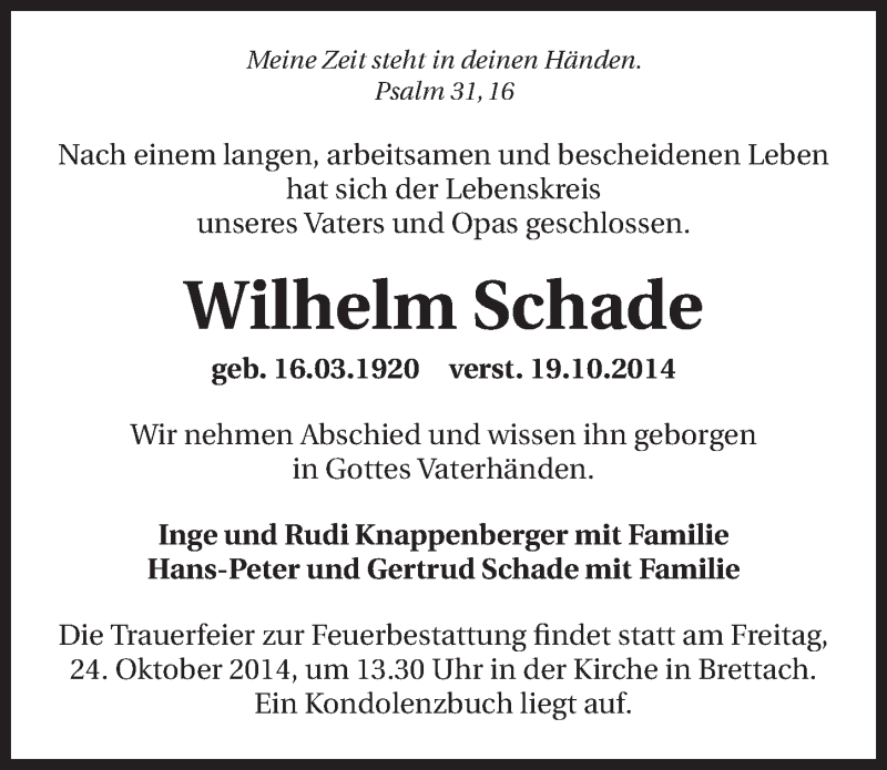 Traueranzeigen von Wilhelm Schade | www.trauerundgedenken.de