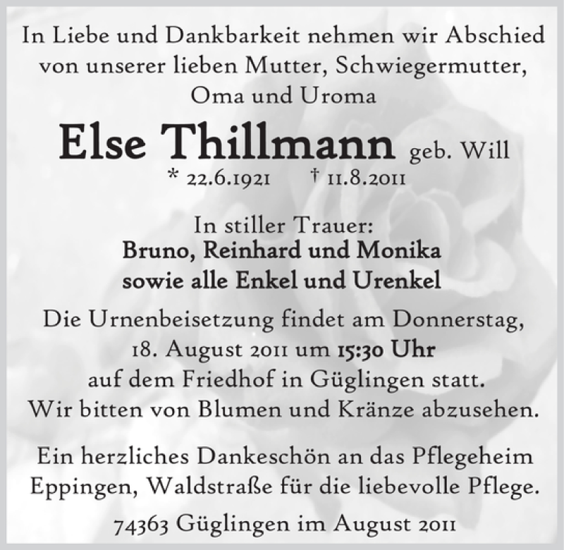 Traueranzeigen von Else Thillmann | www.trauerundgedenken.de