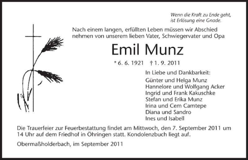 Traueranzeigen von Emil Munz | www.trauerundgedenken.de