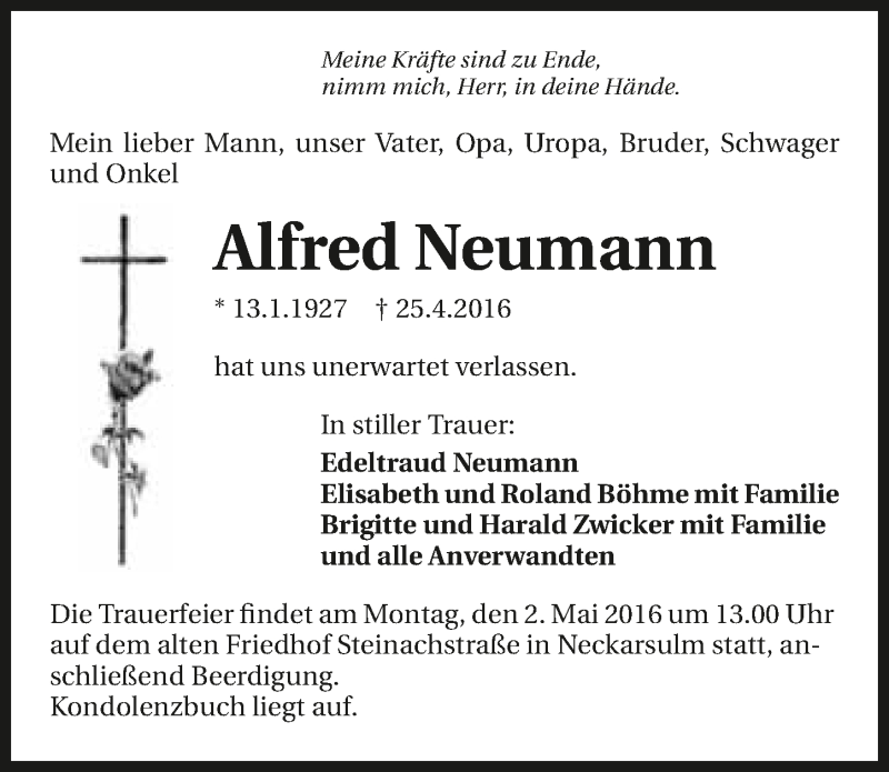 Traueranzeigen von Alfred Neumann | www.trauerundgedenken.de