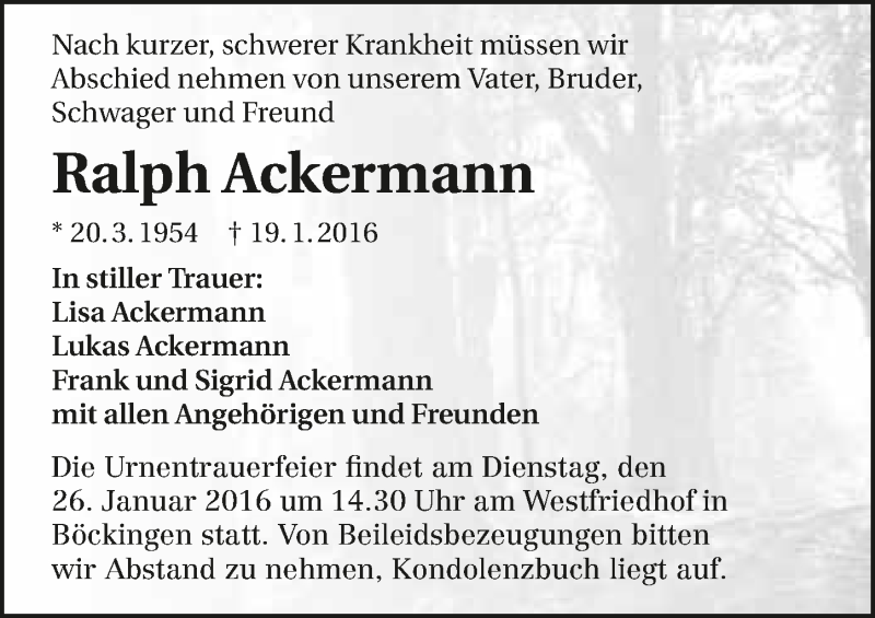 Traueranzeigen von Ralph Ackermann | www.trauerundgedenken.de