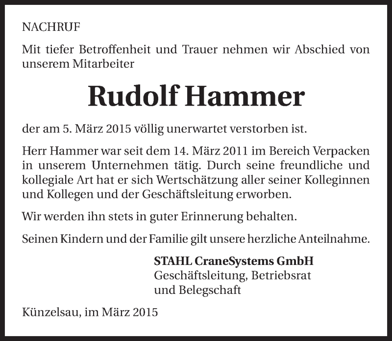 Traueranzeigen von Rudolf Hammer | www.trauerundgedenken.de
