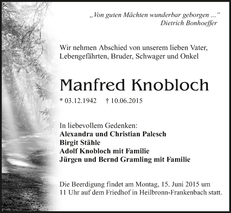 Traueranzeigen von Manfred Knobloch | www.trauerundgedenken.de