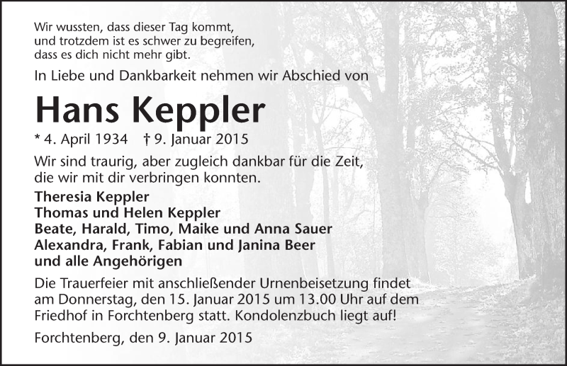 Traueranzeigen von Hans Keppler | www.trauerundgedenken.de