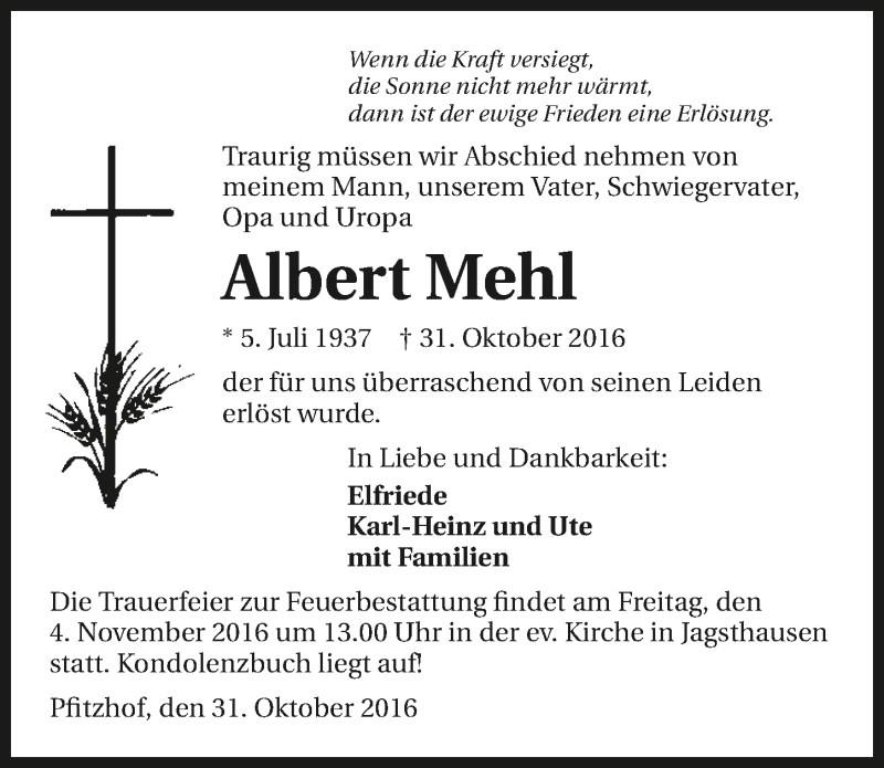 Traueranzeigen von Albert Mehl | www.trauerundgedenken.de