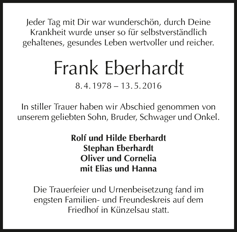 Traueranzeigen von Frank Eberhardt | www.trauerundgedenken.de