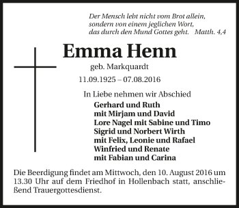 Traueranzeigen von Emma Henn | www.trauerundgedenken.de