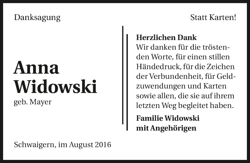 Traueranzeigen von Anna Widowski | www.trauerundgedenken.de