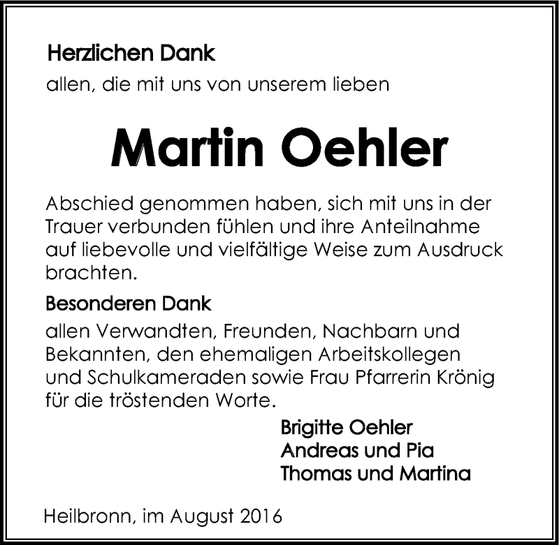 Traueranzeigen von Martin Oehler | www.trauerundgedenken.de