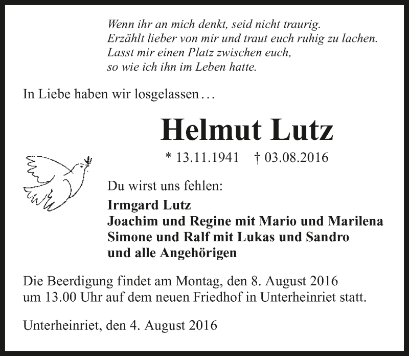 Traueranzeigen von Helmut Lutz | www.trauerundgedenken.de