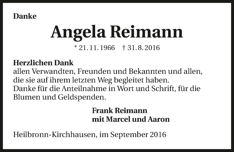 Traueranzeigen von Angela Reimann | www.trauerundgedenken.de