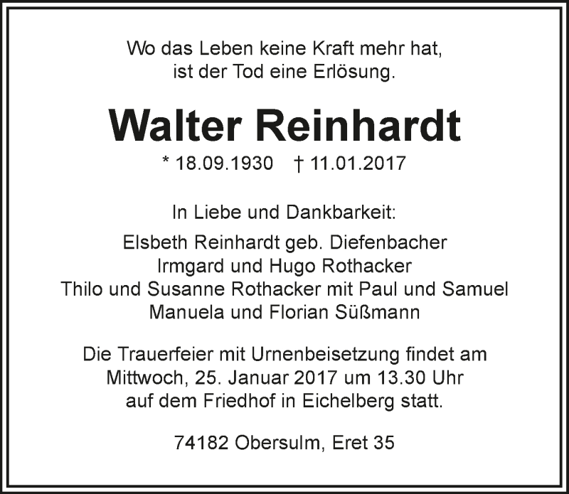 Traueranzeigen von Walter Reinhardt | www.trauerundgedenken.de