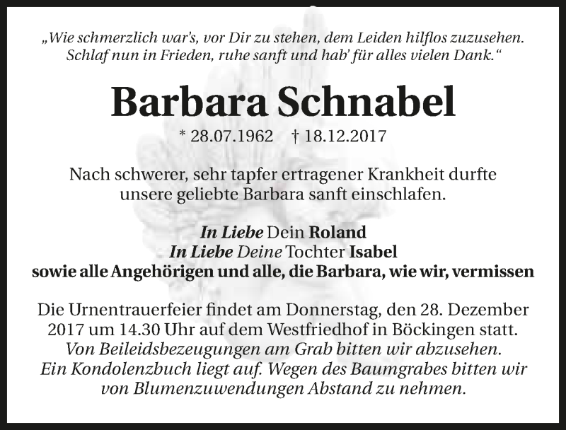 Traueranzeigen von Barbara Schnabel | www.trauerundgedenken.de