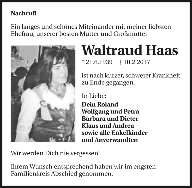 Traueranzeigen von Waltraud Haas | www.trauerundgedenken.de