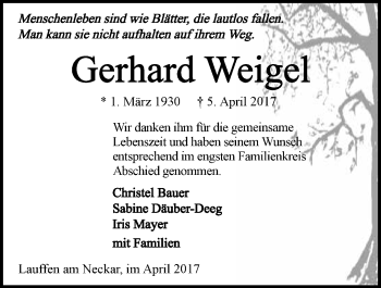 Traueranzeigen von Gerhard Weigel | www.trauerundgedenken.de
