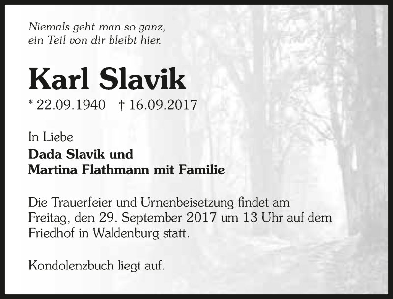 Traueranzeigen von Karl Slavik | www.trauerundgedenken.de