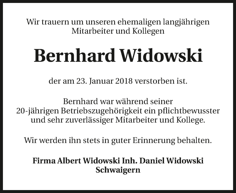 Traueranzeigen von Bernhard Widowski | www.trauerundgedenken.de