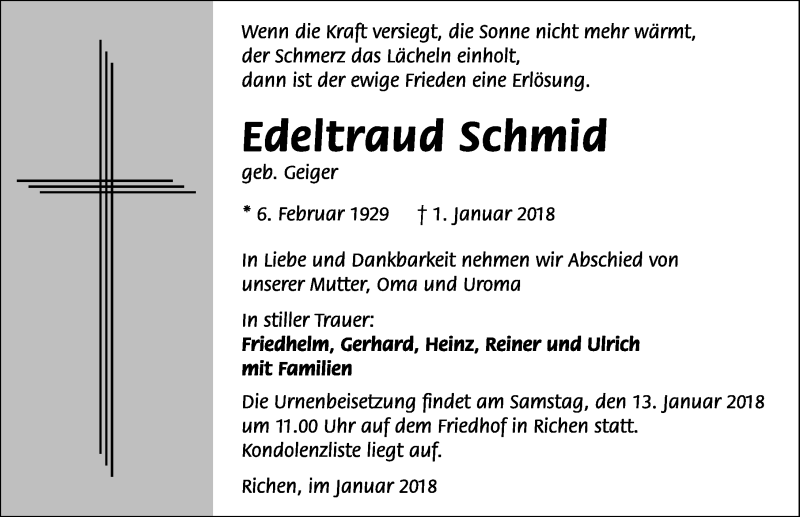 Traueranzeigen von Edeltraud Schmid | www.trauerundgedenken.de