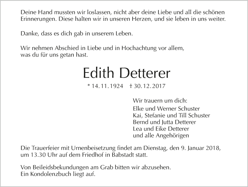 Traueranzeigen von Edith Detterer | www.trauerundgedenken.de